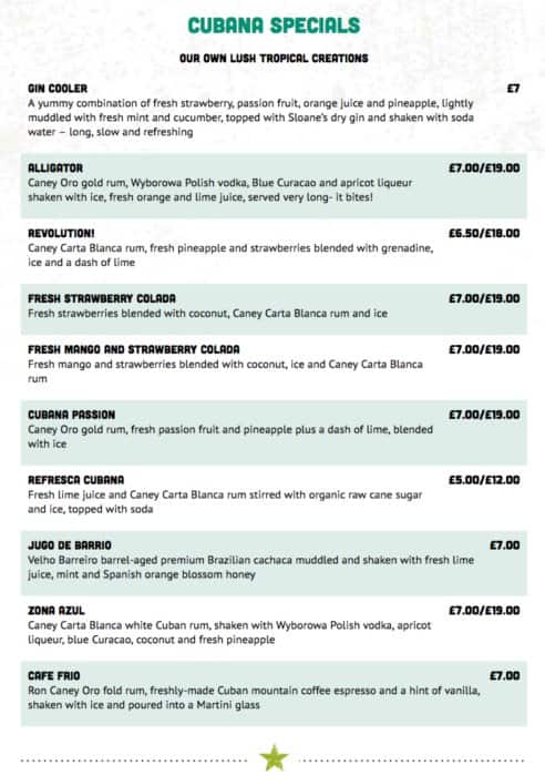 Menu at Cubana Restaurant Waterloo, London, 48 Lower Marsh
