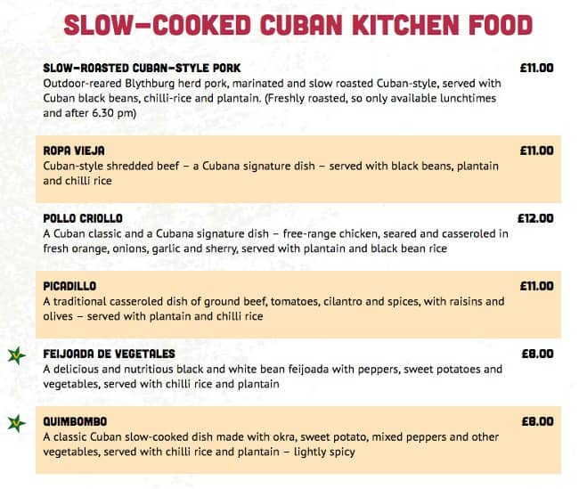 Menu at Cubana Restaurant Waterloo, London, 48 Lower Marsh