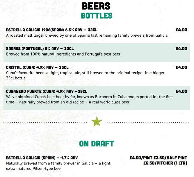 Menu at Cubana Restaurant Waterloo, London, 48 Lower Marsh