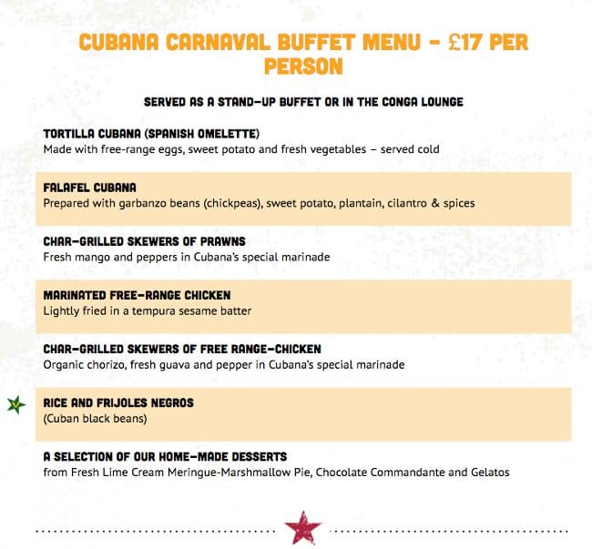 Menu at Cubana Restaurant Waterloo, London, 48 Lower Marsh