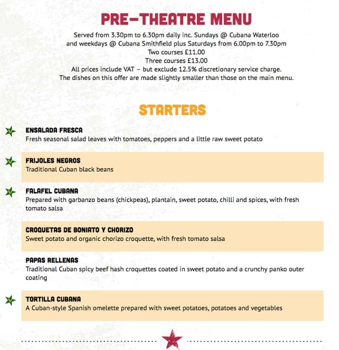 Menu at Cubana Restaurant Waterloo, London, 48 Lower Marsh
