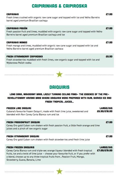 Menu at Cubana Restaurant Waterloo, London, 48 Lower Marsh