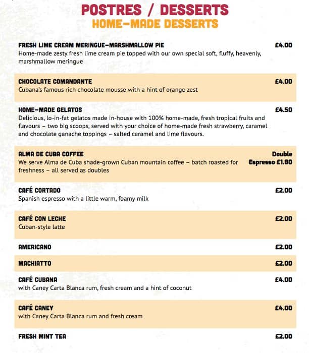 Menu at Cubana Restaurant Waterloo, London, 48 Lower Marsh