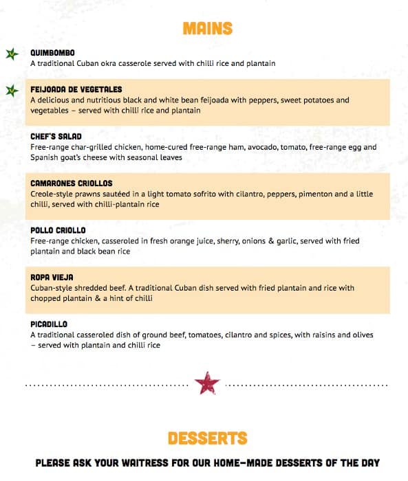 Menu at Cubana Restaurant Waterloo, London, 48 Lower Marsh