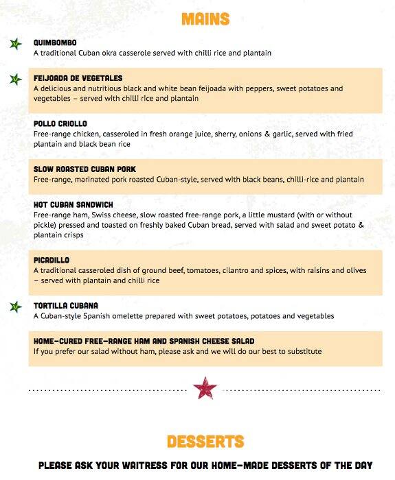 Menu at Cubana Restaurant Waterloo, London, 48 Lower Marsh