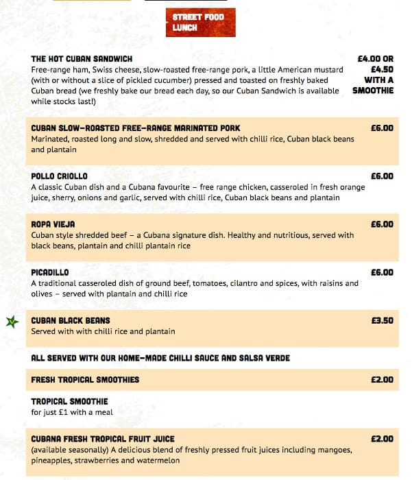 Menu at Cubana Restaurant Waterloo, London, 48 Lower Marsh