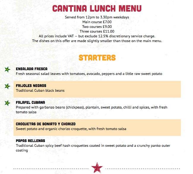Menu at Cubana Restaurant Waterloo, London, 48 Lower Marsh