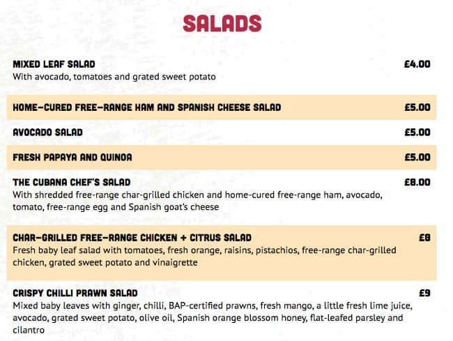 Menu at Cubana Restaurant Waterloo, London, 48 Lower Marsh