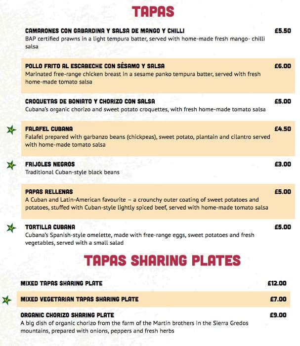 Menu at Cubana Restaurant Waterloo, London, 48 Lower Marsh