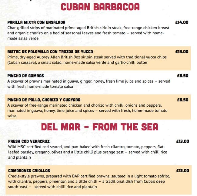 Menu at Cubana Restaurant Waterloo, London, 48 Lower Marsh