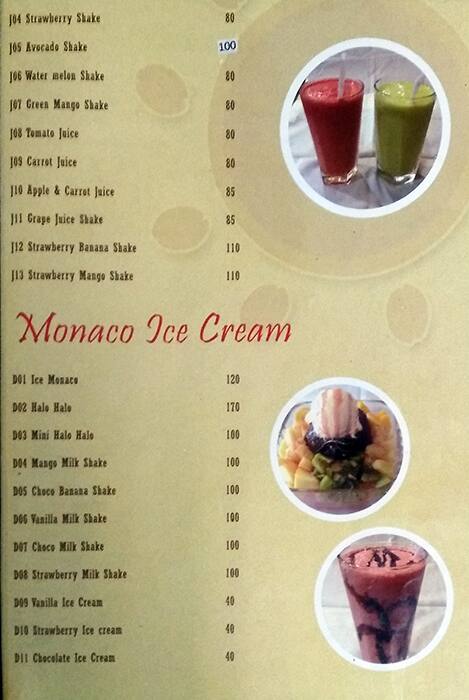 Menu at Cafe Monaco, Quezon City, 647 Banawe St