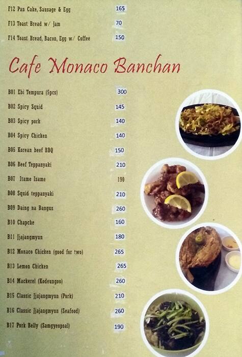 Menu at Cafe Monaco, Quezon City, 647 Banawe St