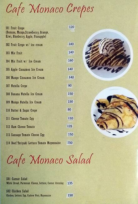 Menu at Cafe Monaco, Quezon City, 647 Banawe St