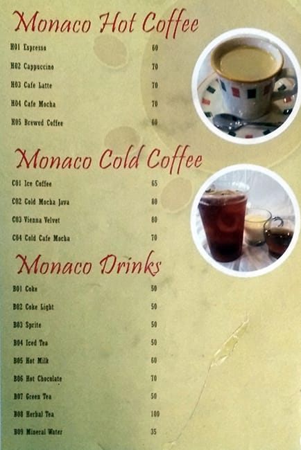 Menu at Cafe Monaco, Quezon City, 647 Banawe St