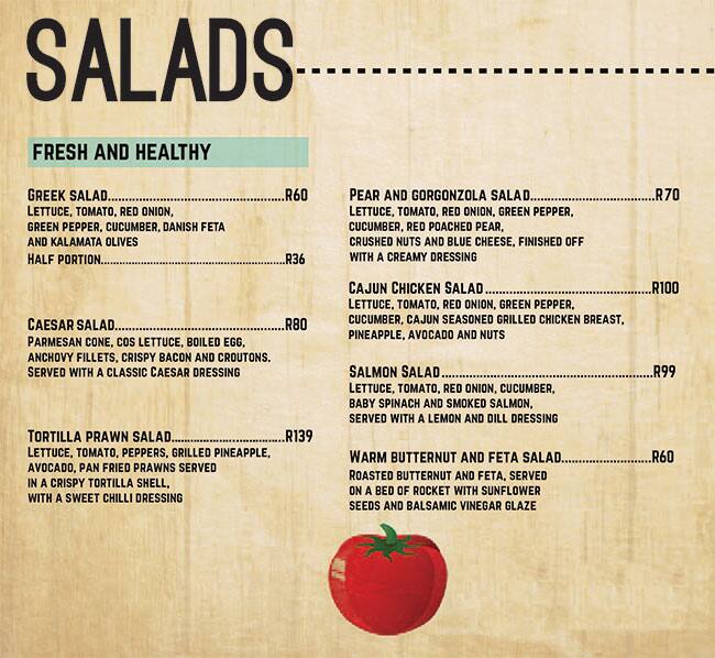 Menu at The Diner restaurant, Krugersdorp