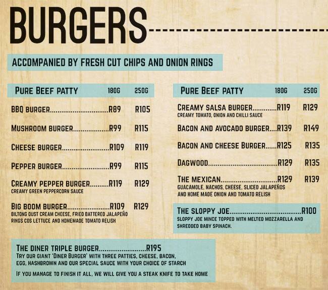 Menu at The Diner restaurant, Krugersdorp