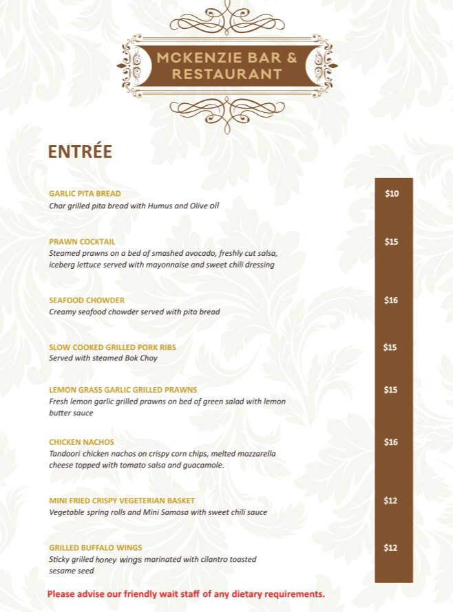 Menu at Auckland Airport Kiwi Hotel restaurant, Auckland