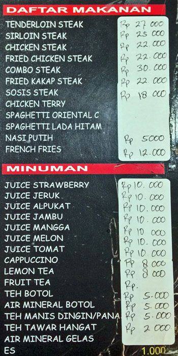 Menu at Steak Kaki Lima steakhouse, Tangerang