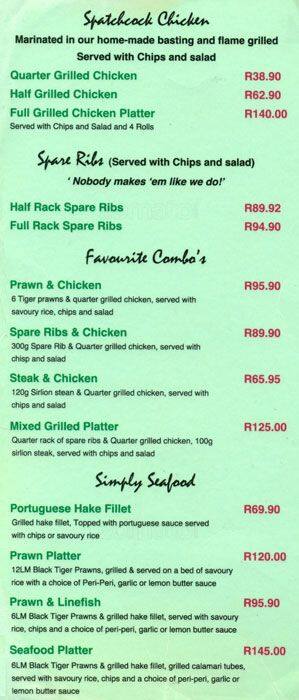 Menu at Plush 320, Durban