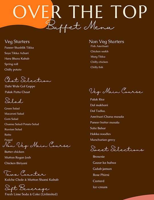 Menu of Over The Top, Janakpuri, New Delhi