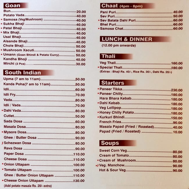 Menu at Navtara Veg Restaurant, Calangute, Calangute Candolim Road