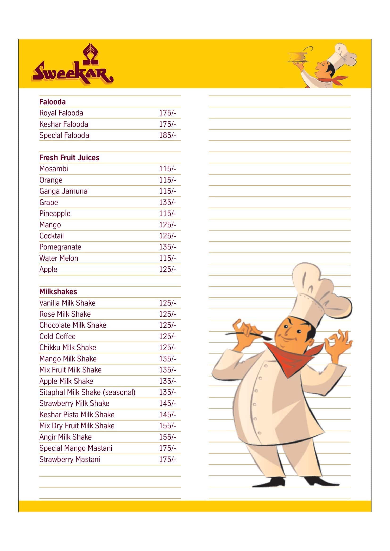 Menu of Sweekar Veg Restaurant, Erandwane, Pune