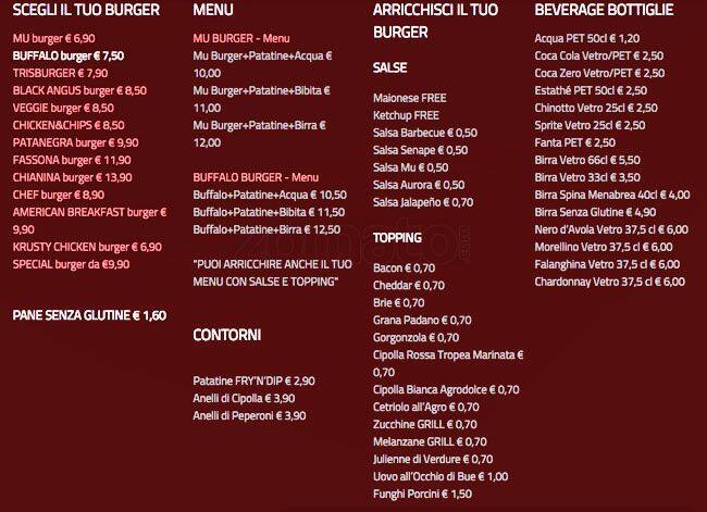 Menu at MU Finest Italian Burger restaurant, Milan