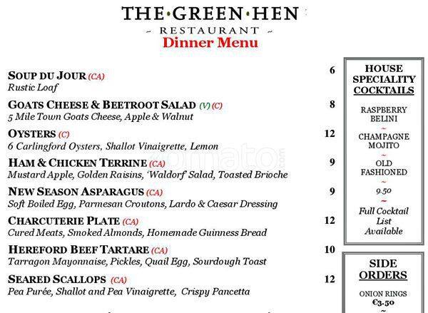 Menu at The Green Hen restaurant, Dublin