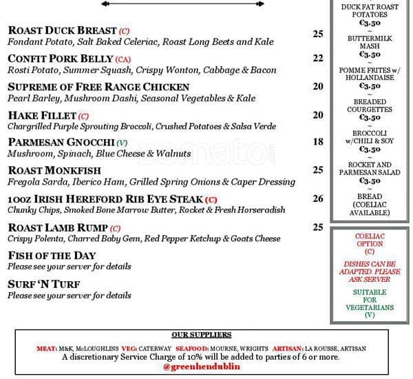 Menu at The Green Hen restaurant, Dublin