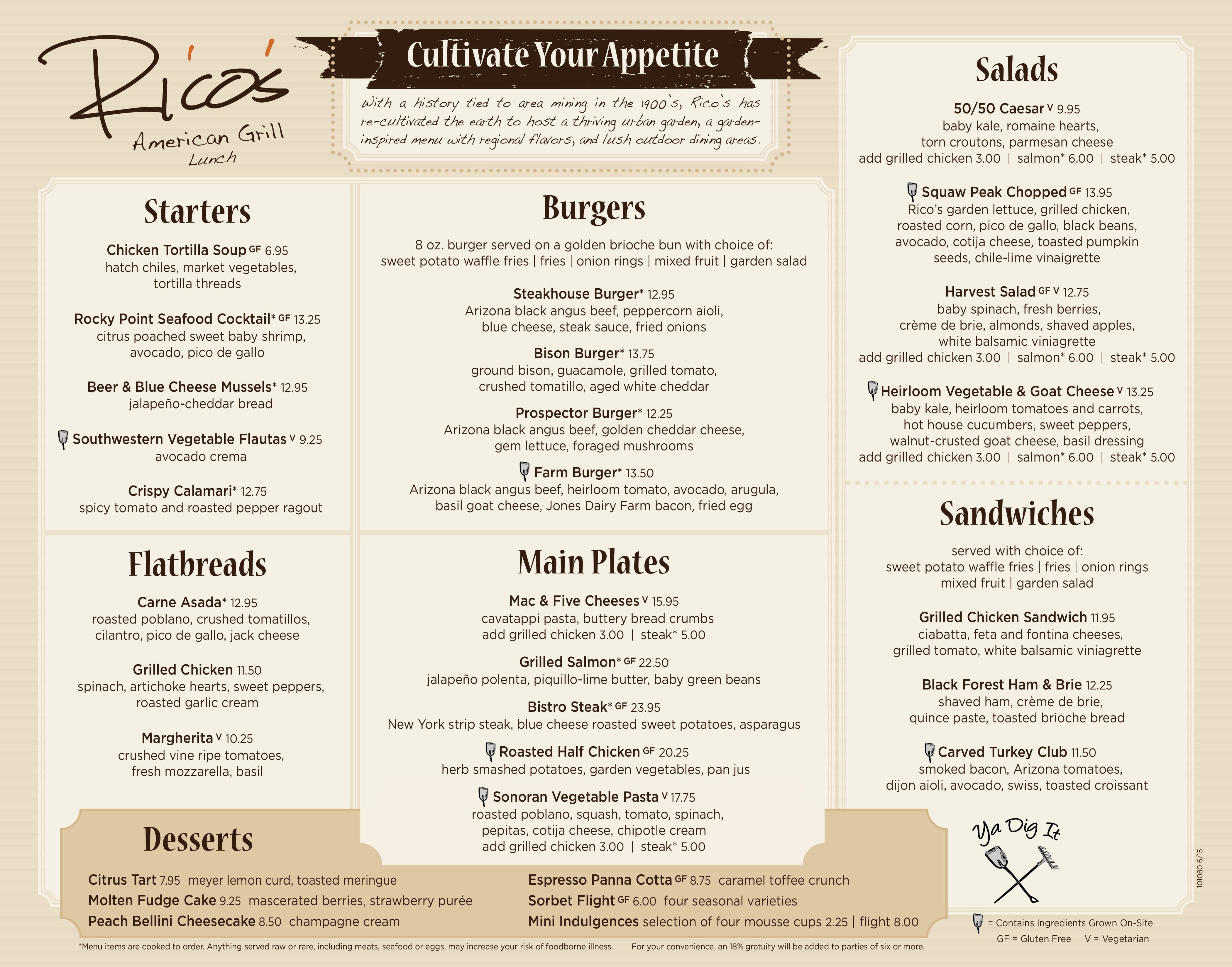 Menu at Rico's American Grill restaurant, Phoenix