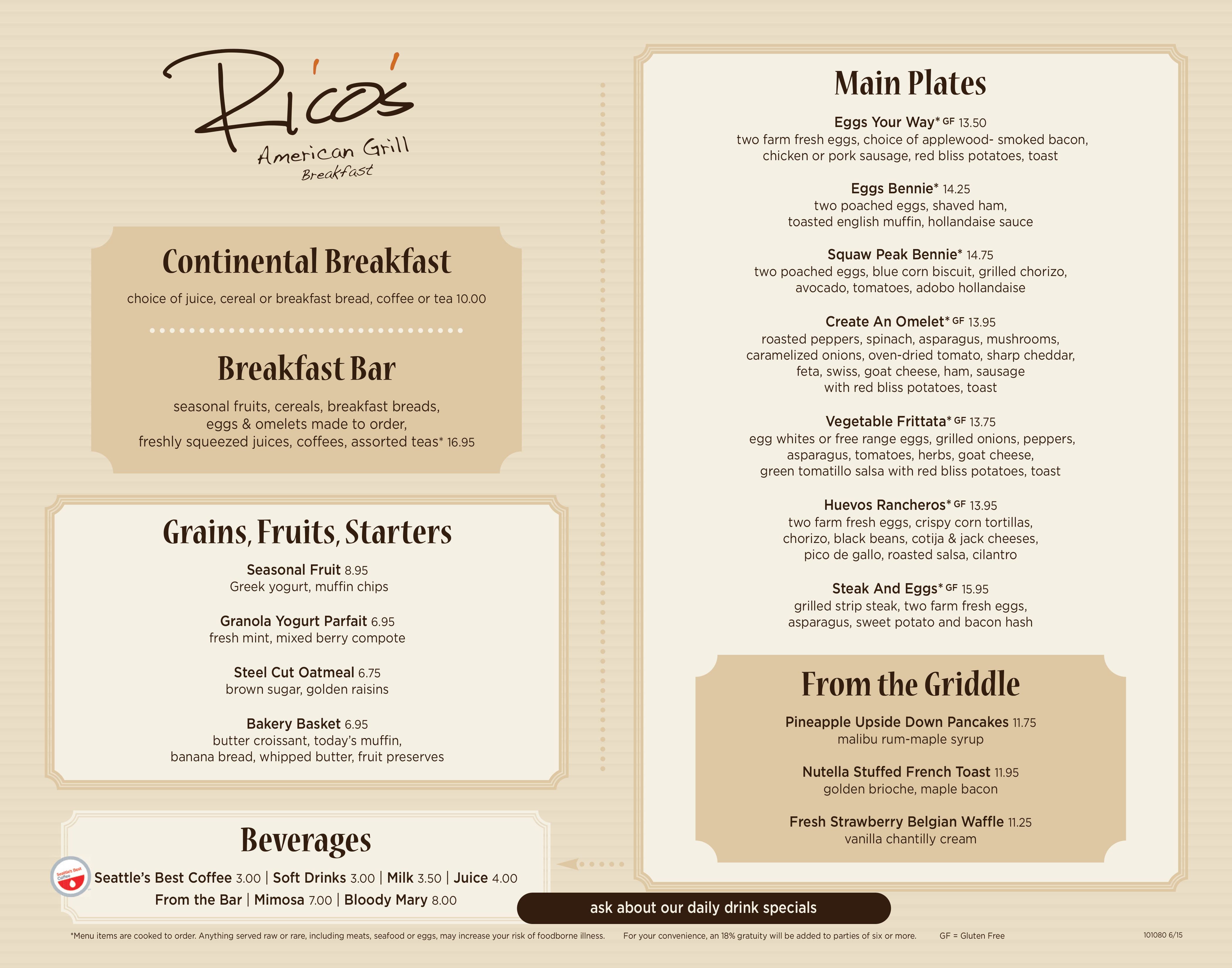 Menu at Rico's American Grill restaurant, Phoenix