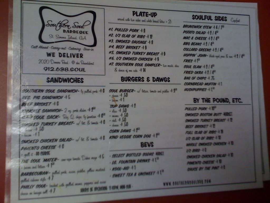 Menu at Southern Soul Barbeque, Saint Simons Island