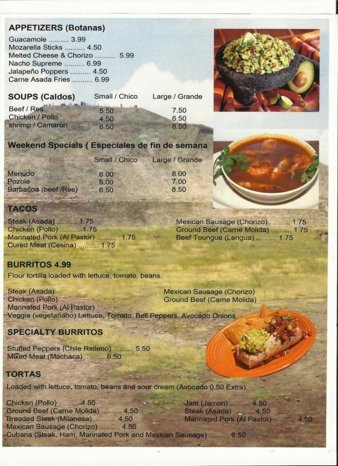 Menu at El Azteca, Zion, Highway 173