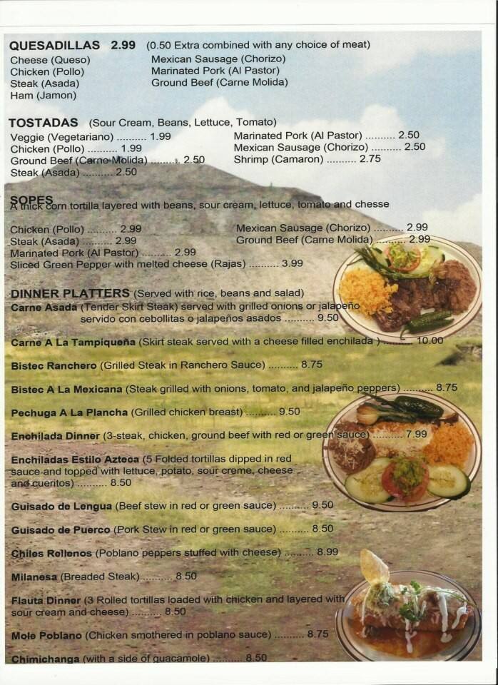 Menu at El Azteca, Zion, Highway 173
