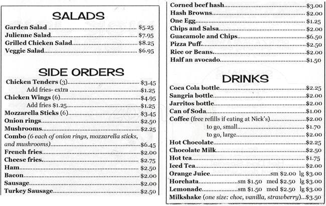Menu at Nick Jr's Grill restaurant, Chicago
