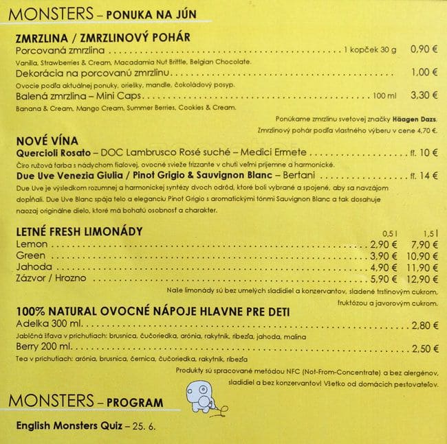 Menu at Monsters Cafe and Bar, Bratislava