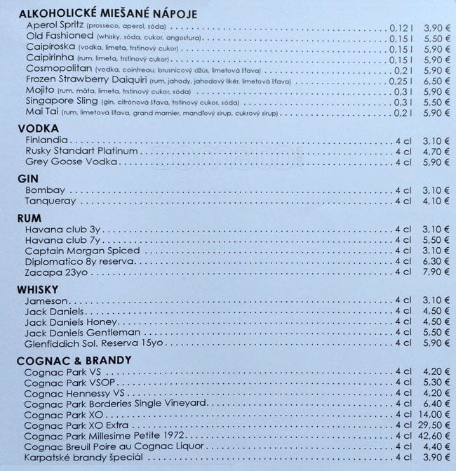Menu at Monsters Cafe and Bar, Bratislava