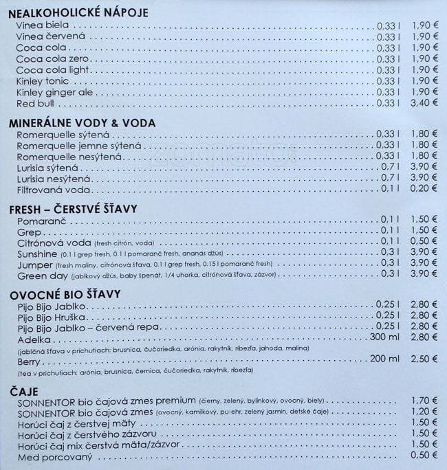 Menu at Monsters Cafe and Bar, Bratislava