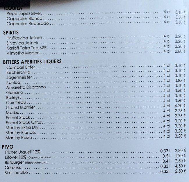 Menu at Monsters Cafe and Bar, Bratislava