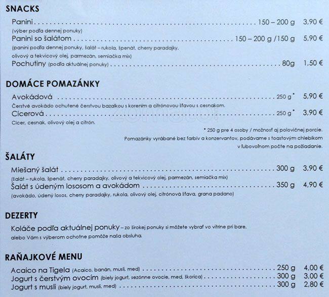 Menu at Monsters Cafe and Bar, Bratislava