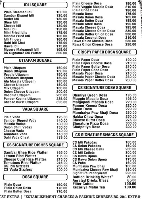 Menu of Chennai Square, Chinar Park, Kolkata