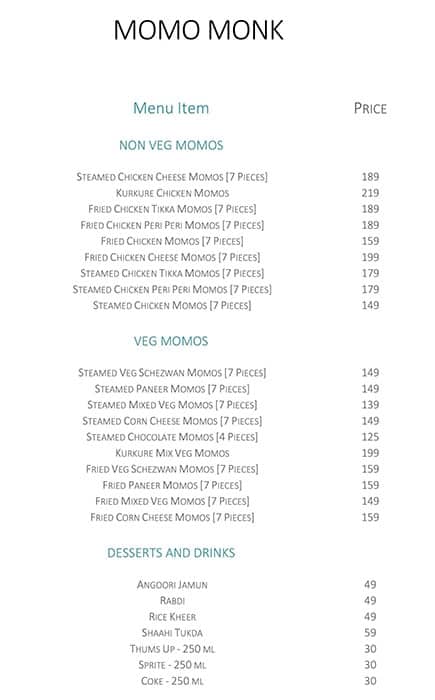 Menu of Momo Monk, Ravet, Pune