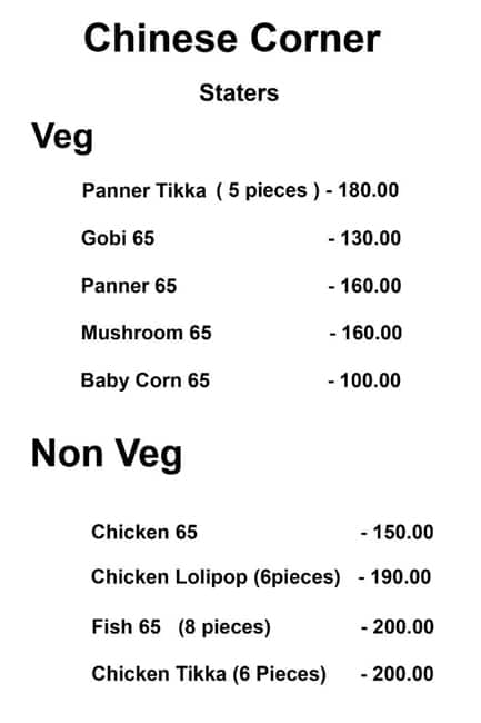 Menu of Chinese Corner, Tambaram, Chennai