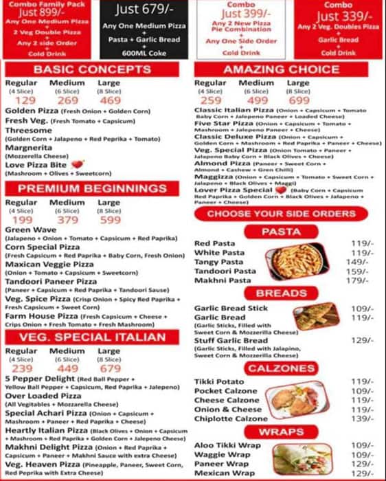 Menu of Love Pizza Cafe, Alipur, New Delhi