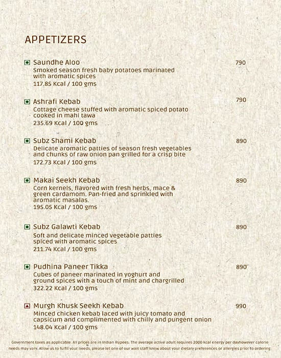 Menu of Aafreen- The Westin Pune, Mundhwa, Pune