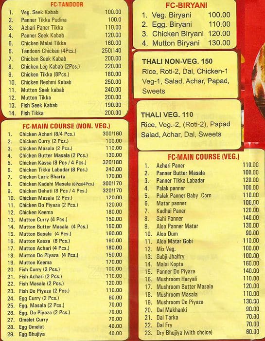 Menu at Food Castle, Ranchi