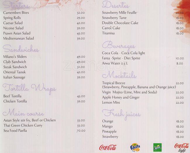 Menu at Milano Cafe, Abu Dhabi, Bawabat Al Sharq Mall