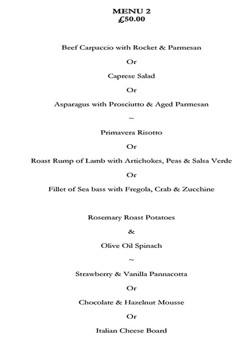 Menu at Daphne's restaurant, London