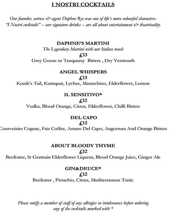 Menu at Daphne's restaurant, London