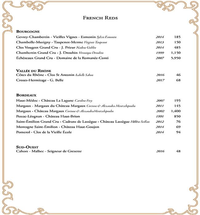 Menu at Daphne's restaurant, London